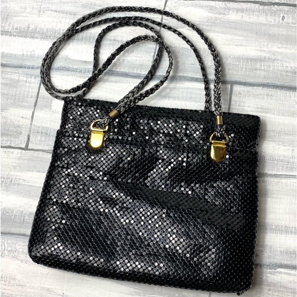 Bags | Vintage Marlo Black Shiny Metallic Mesh Shoulder Bag Sequin Gold ...
